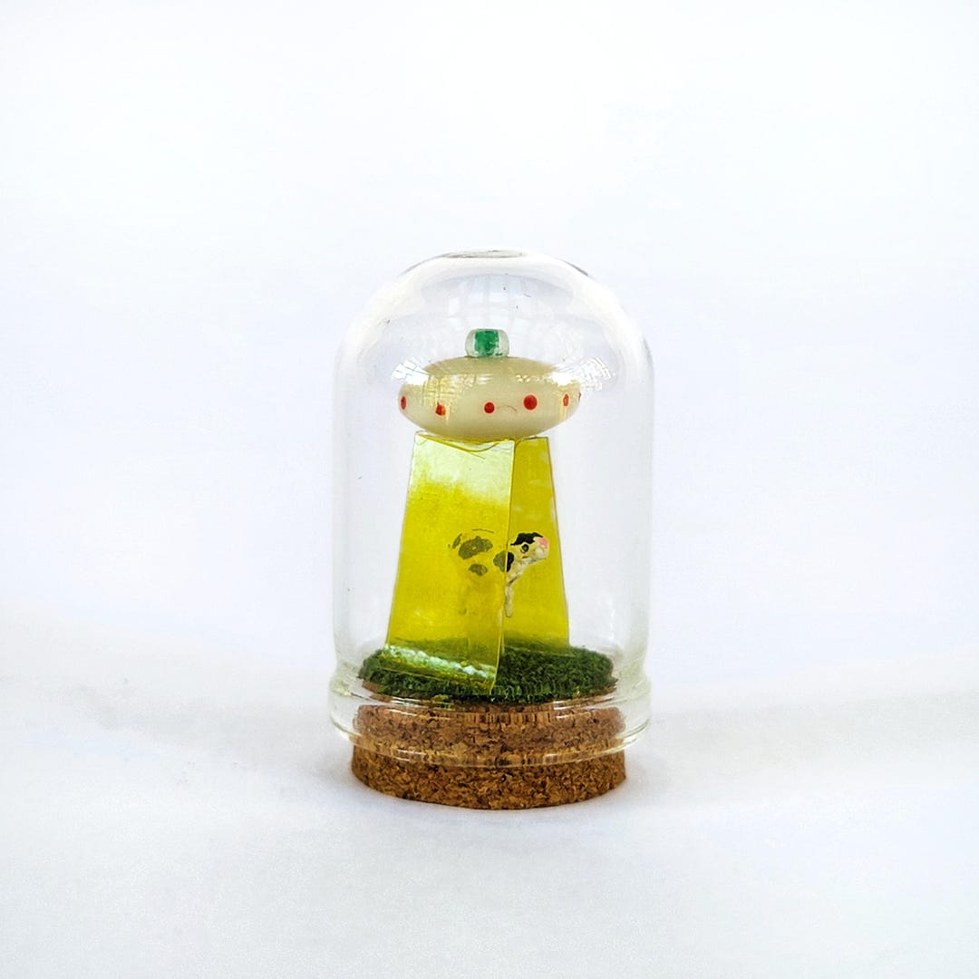 Miniature UFO Alien Abduction Cow Scene in Glass Dome Cloche Mini ...