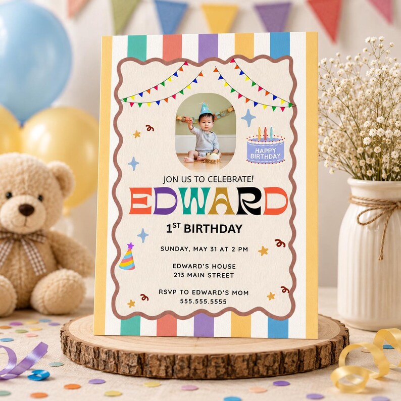 1st Birthday Invitation Template, Editable Birthday Invite, Boy First ...