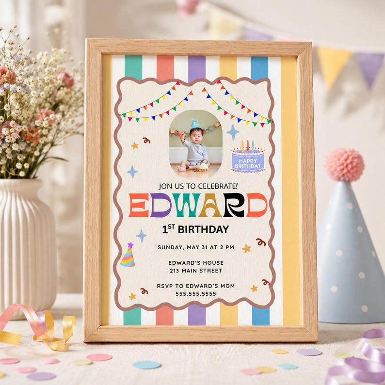 1st Birthday Invitation Template, Editable Birthday Invite, Boy First ...
