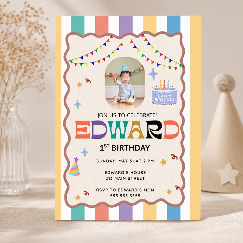 1st Birthday Invitation Template, Editable Birthday Invite, Boy First ...