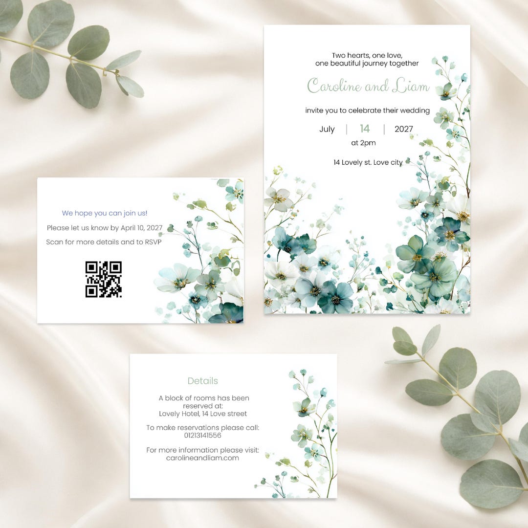Watercolor Floral Wedding Invitation Template, Editable Green Botanical ...