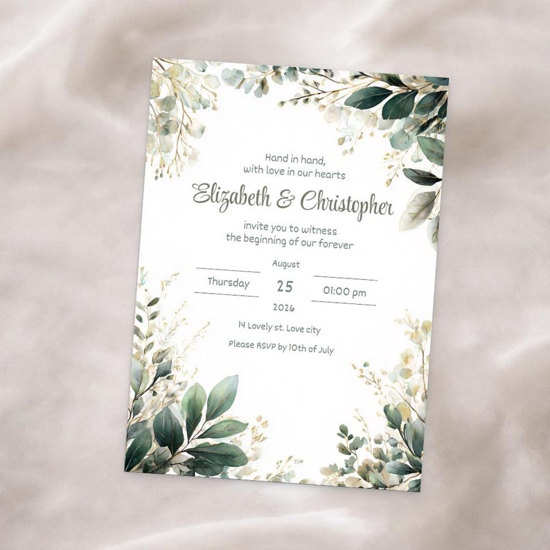 Editable Greenery Wedding Invitation Template Elegant Eucalyptus ...