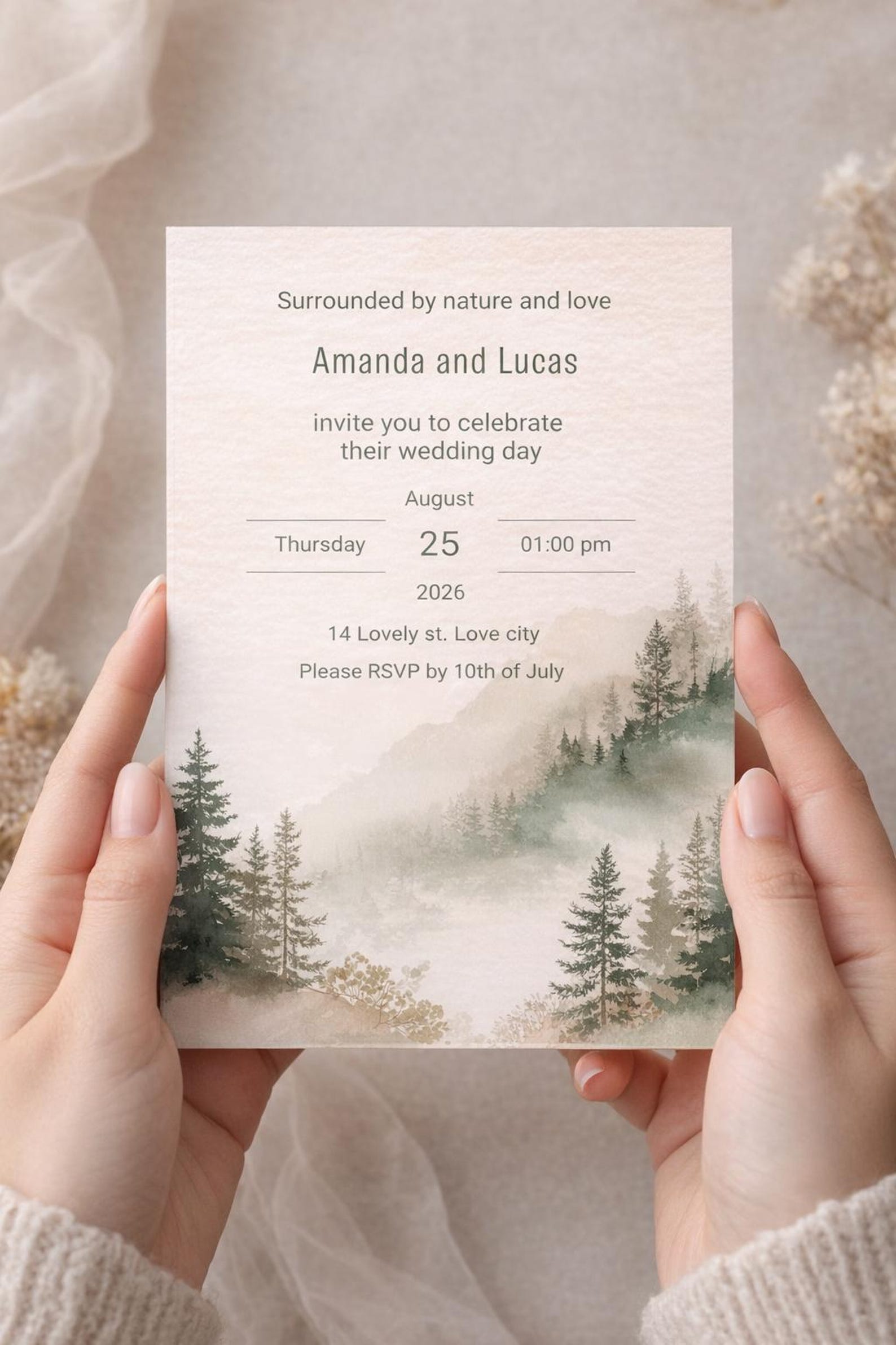 Watercolor Forest Wedding Invitation Template Editable Nature Green ...