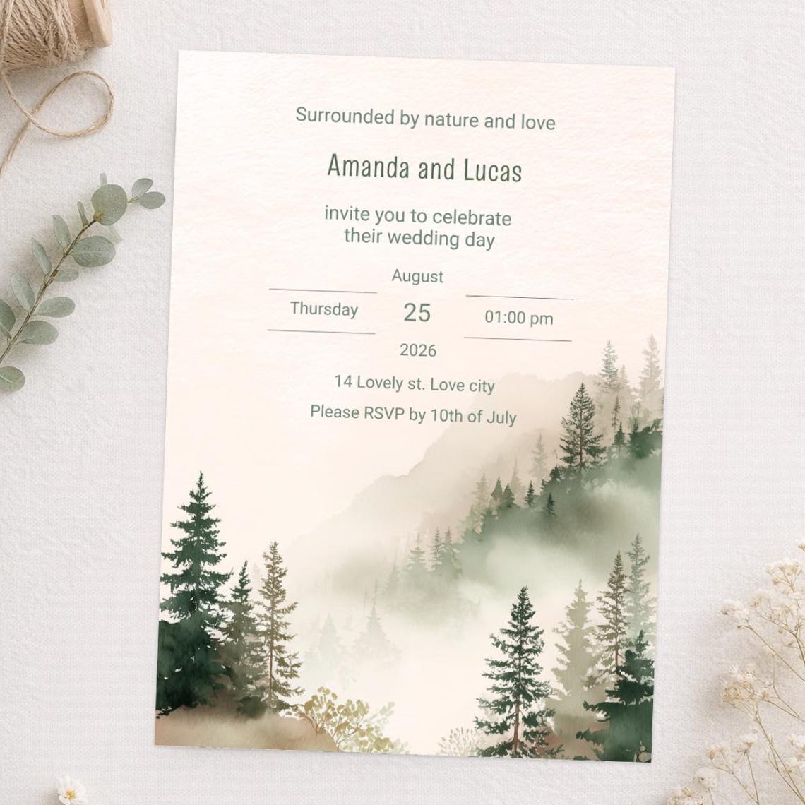 Watercolor Forest Wedding Invitation Template Editable Nature Green ...
