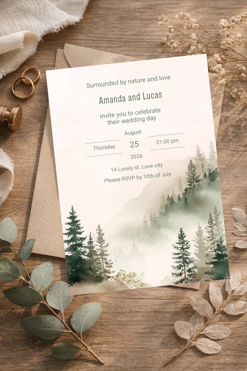 Watercolor Forest Wedding Invitation Template Editable Nature Green ...
