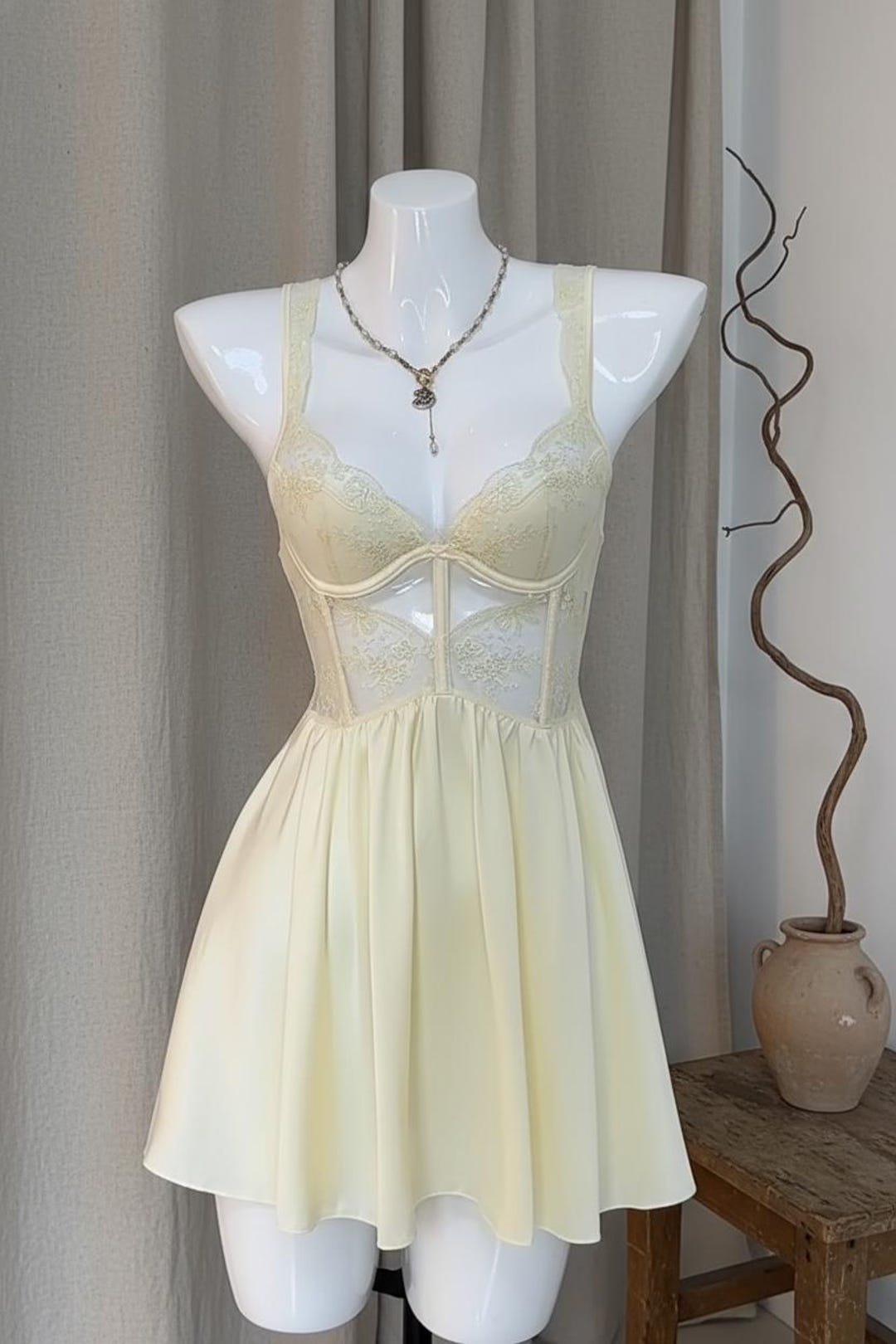 Vintage French Style Lace Slip Dress With Built-in Bra, Soft Yellow ...