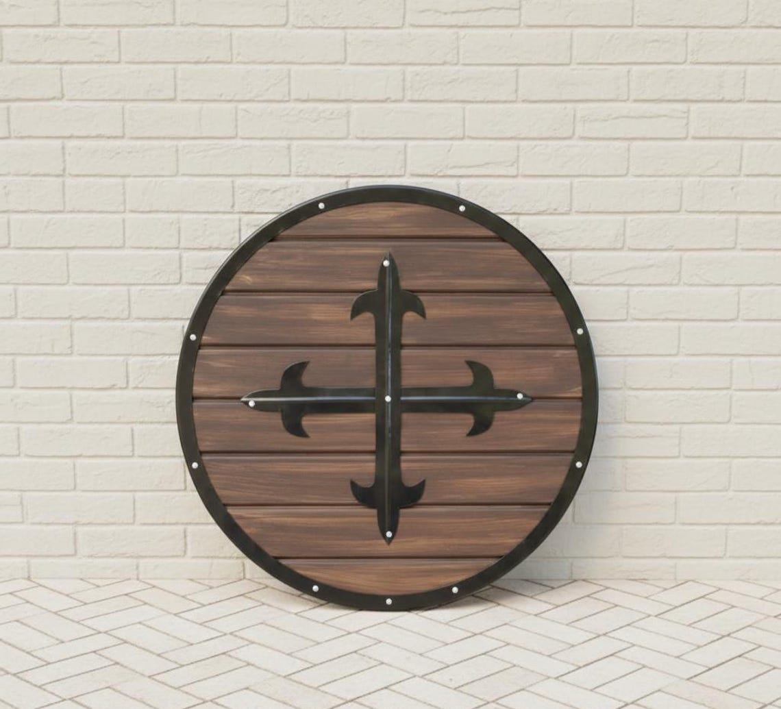 Round Medieval Knight Shield With Iron Cross – Wooden Crusader Shield ...
