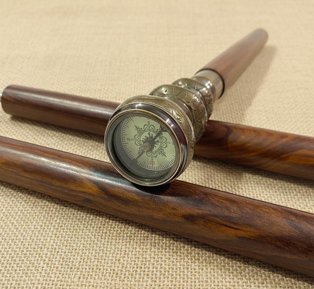 Wooden Walking Cane With Brass Compass Handle - Nautical Style Stick ...