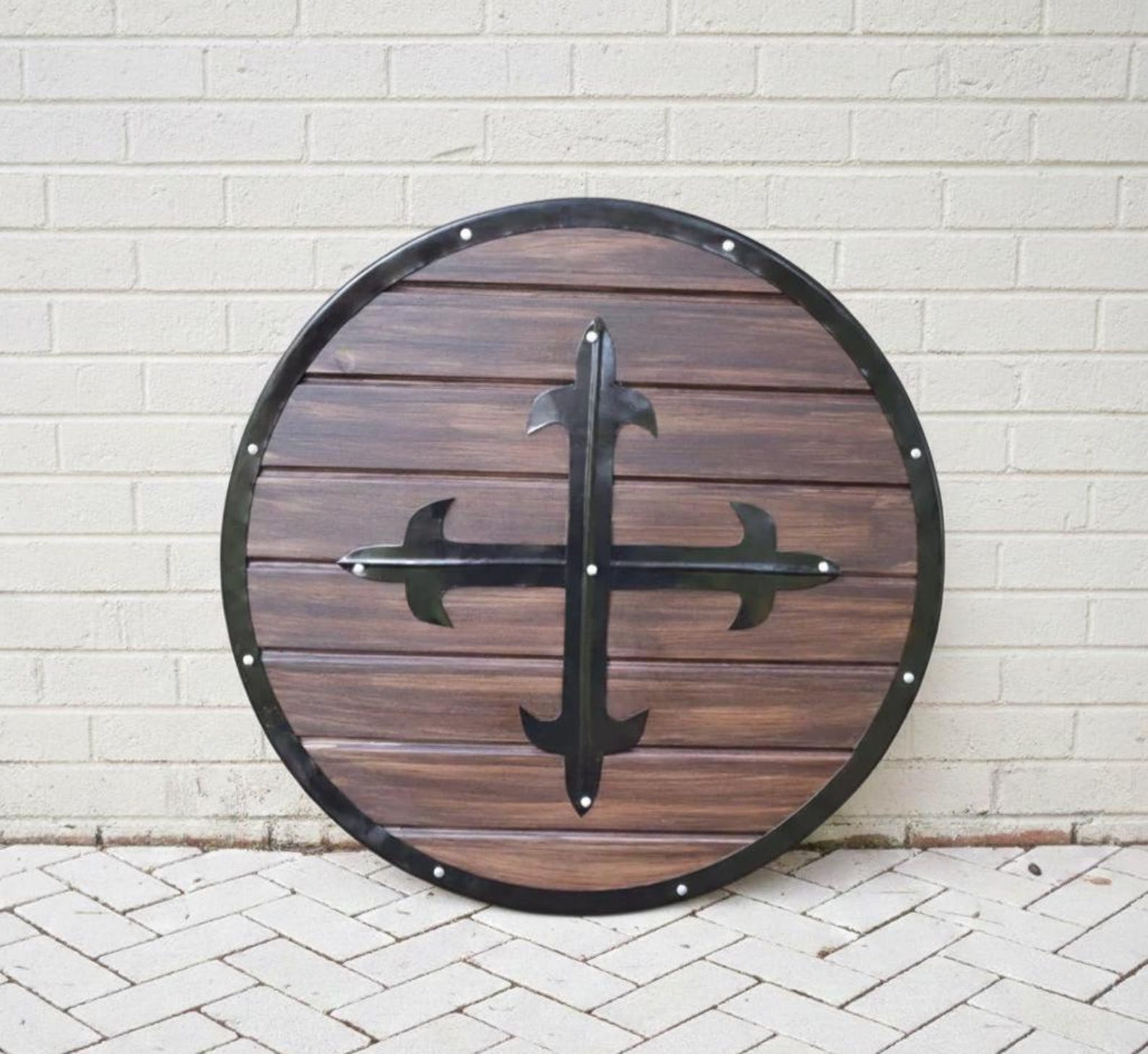 Round Medieval Knight Shield With Iron Cross – Wooden Crusader Shield ...