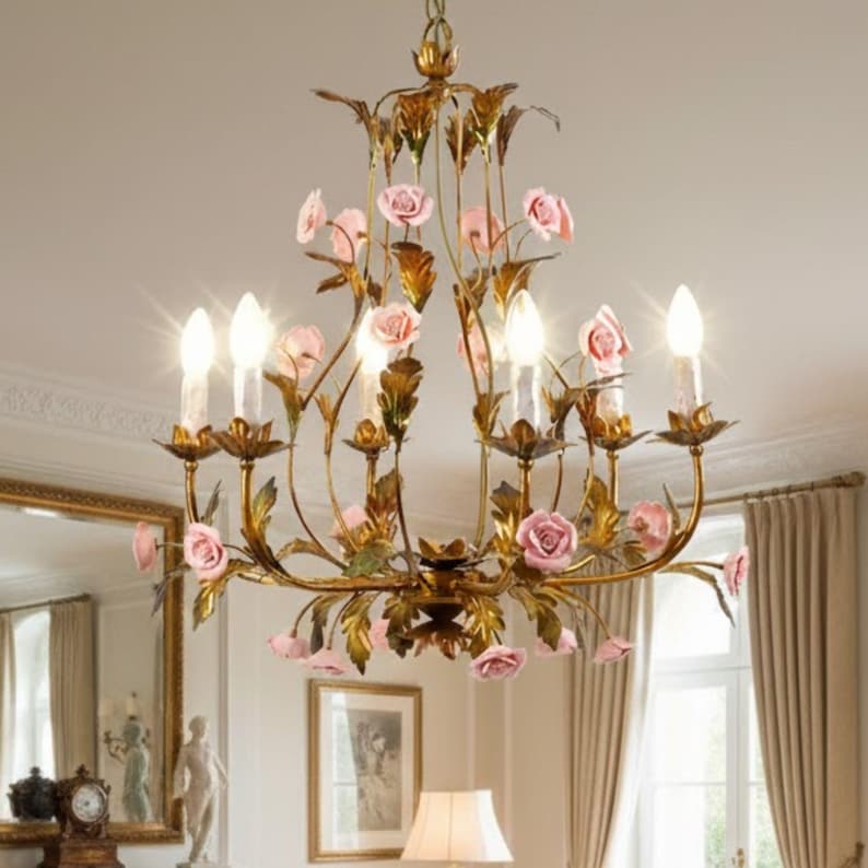 Pink Floral Chandelier, French Style Pendant Light, Unique Bedroom ...