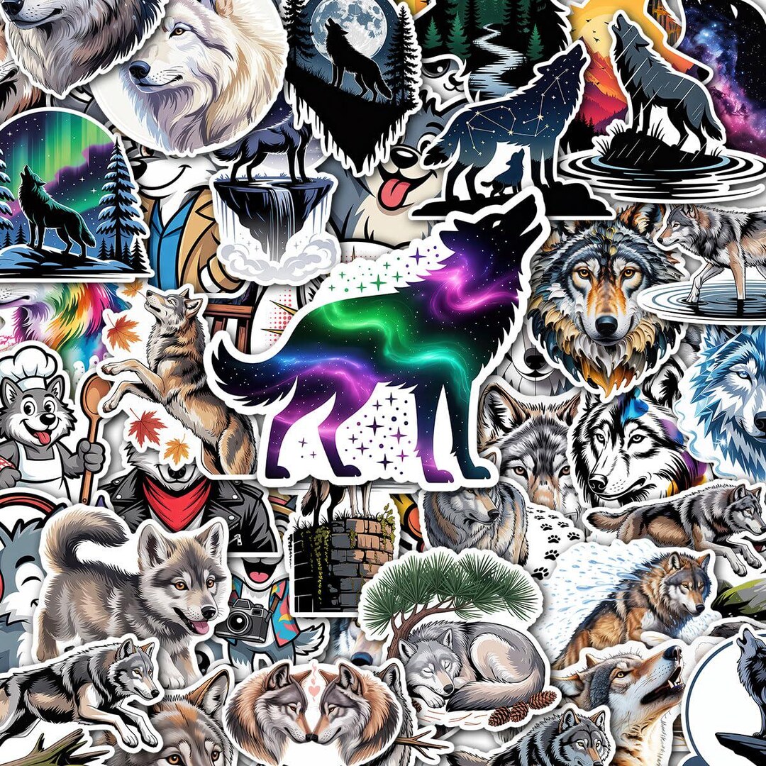 60pcs Wolf Sticker Pack Cool Howling Wolves, Cute Cartoon Pups, Galaxy ...