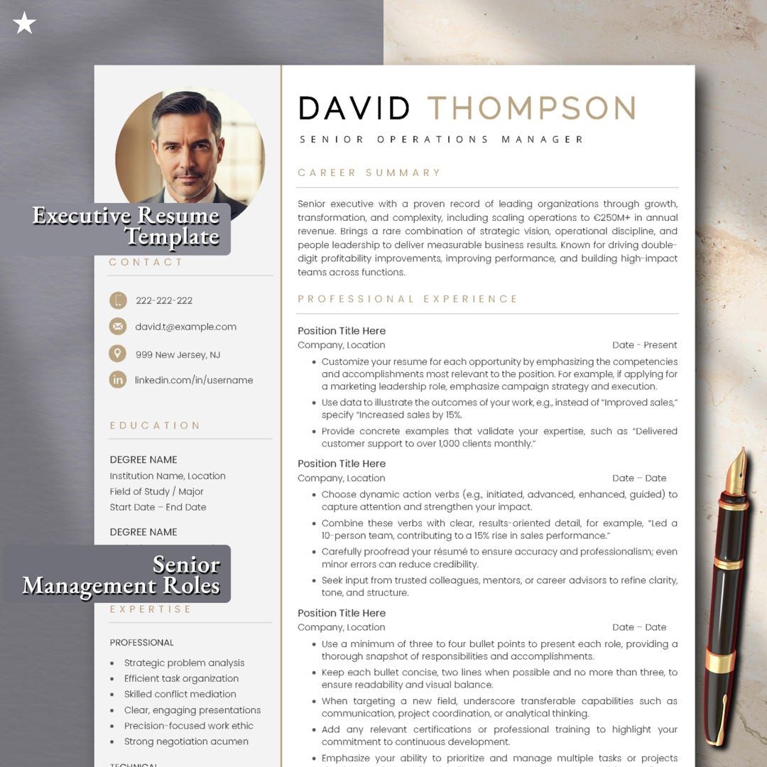 Executive Resume Template | Senior Leadership Resume With Photo | MS ...