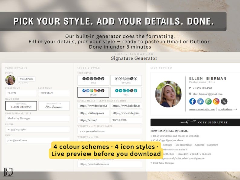 Gmail & Outlook Email Signature Template | Clickable Links and Photo ...