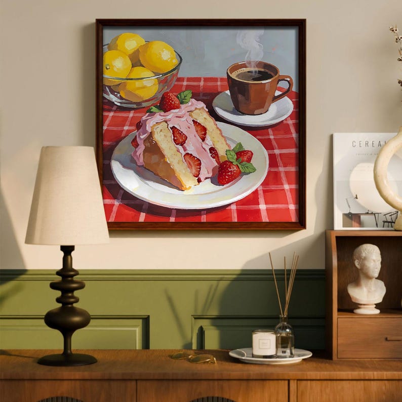 Strawberry Cake Coffee Printable Wall Art, Cozy Kitchen Cafe Digital ...