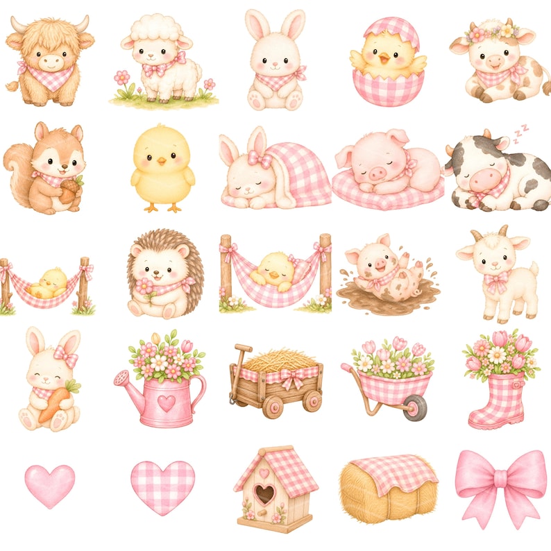 Pink Gingham Farm Animals Clipart Cute Farm Party Clipart Animal ...