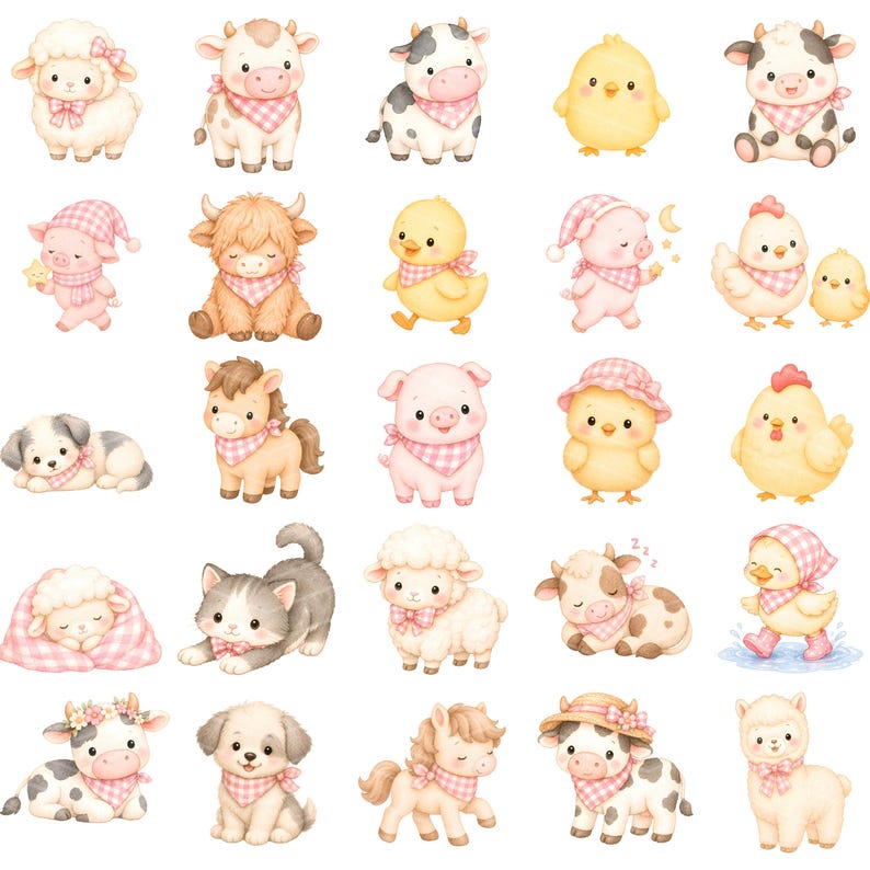 Pink Gingham Farm Animals Clipart Cute Farm Party Clipart Animal ...