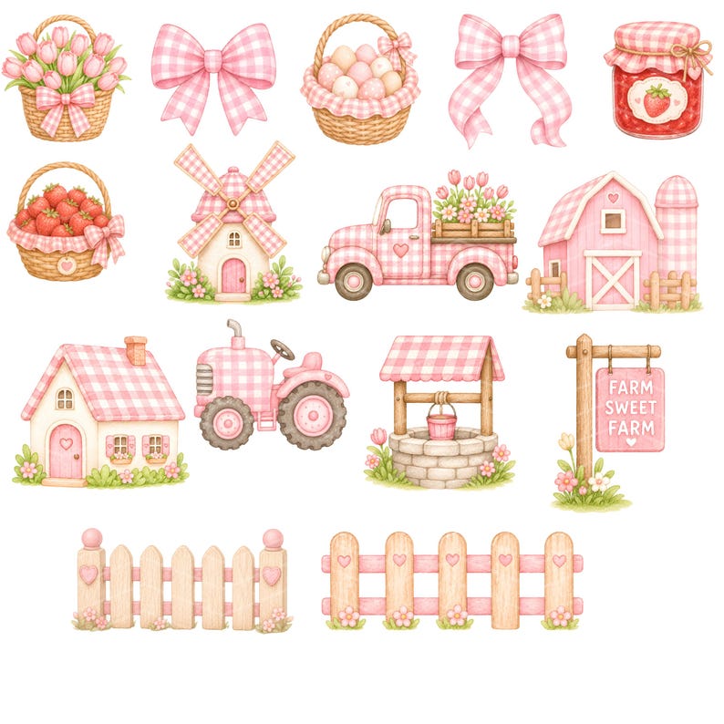 Pink Gingham Farm Animals Clipart Cute Farm Party Clipart Animal ...