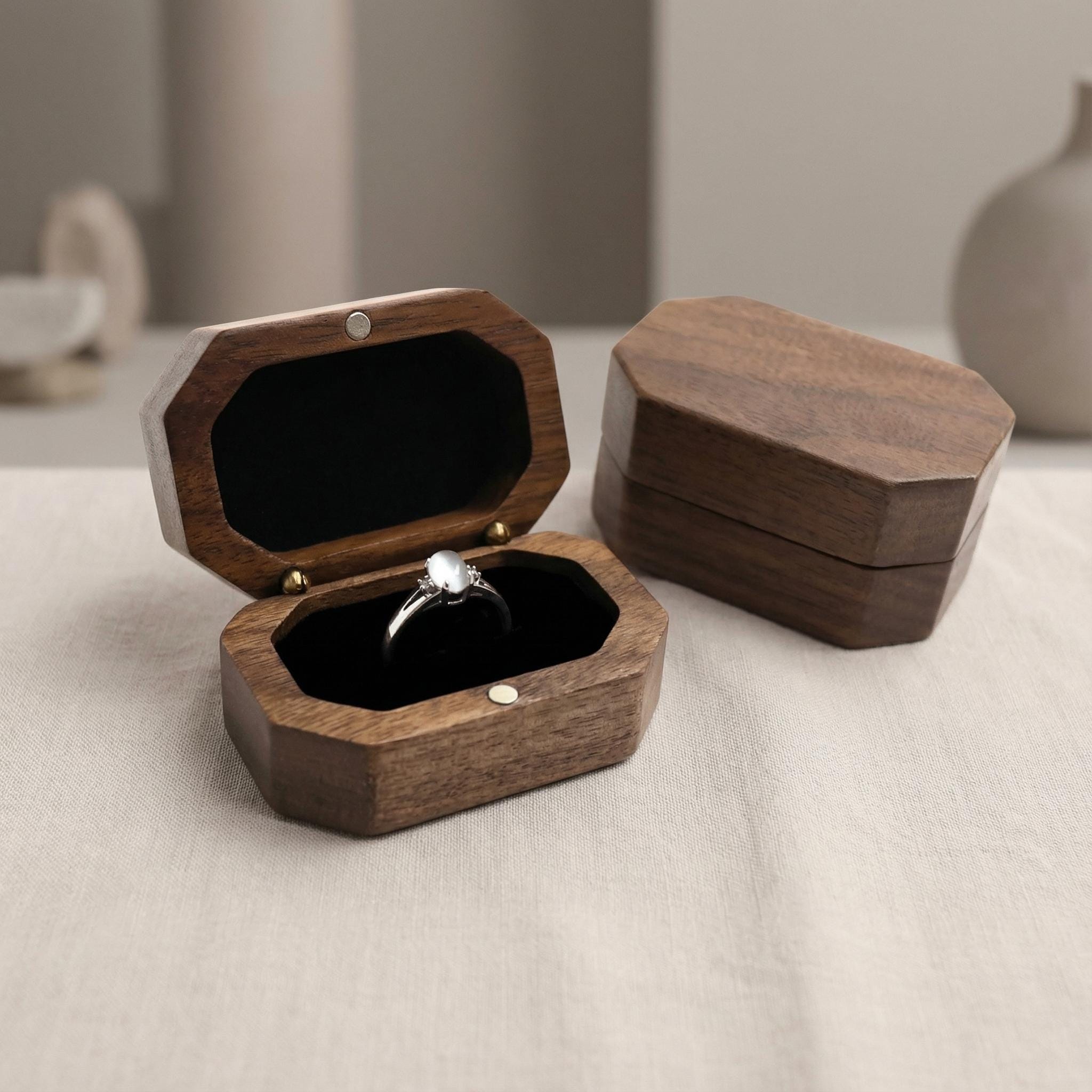 Handmade Walnut Wood Ring Box With Black Velvet Interior, Vintage ...