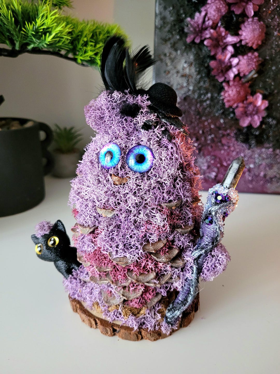 Handmade Moss Creature Figurine With Black Cat, Pine Cone Fantasy Decor ...