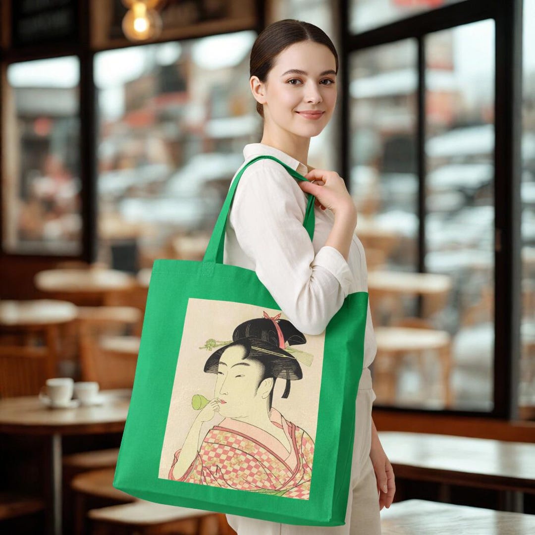 Ukiyoe Japanese Art Tote Bag Edo Period Woman Illustration Green Canvas ...