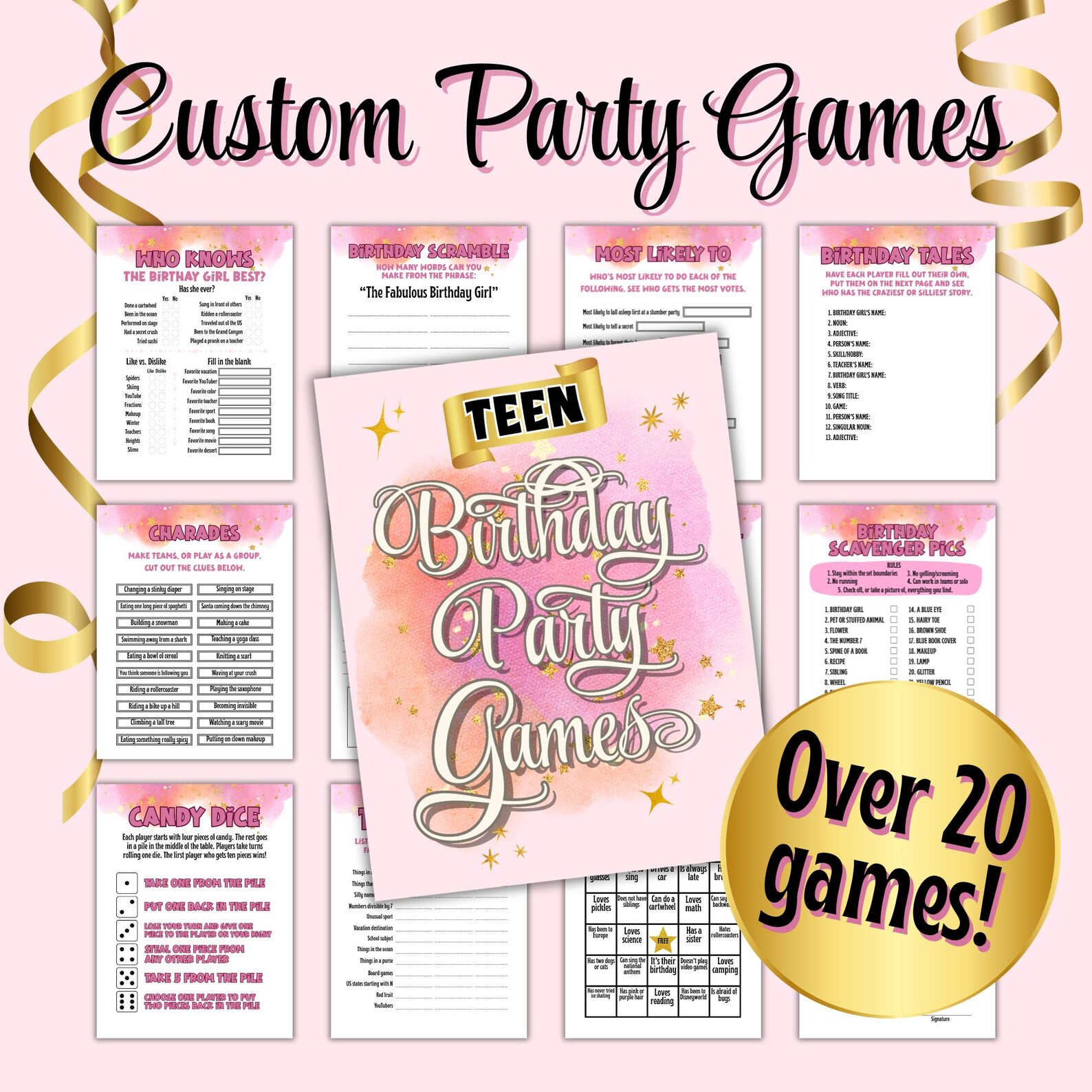 Editable Printable Birthday Games for Teens, Custom Party Games, Tweens ...