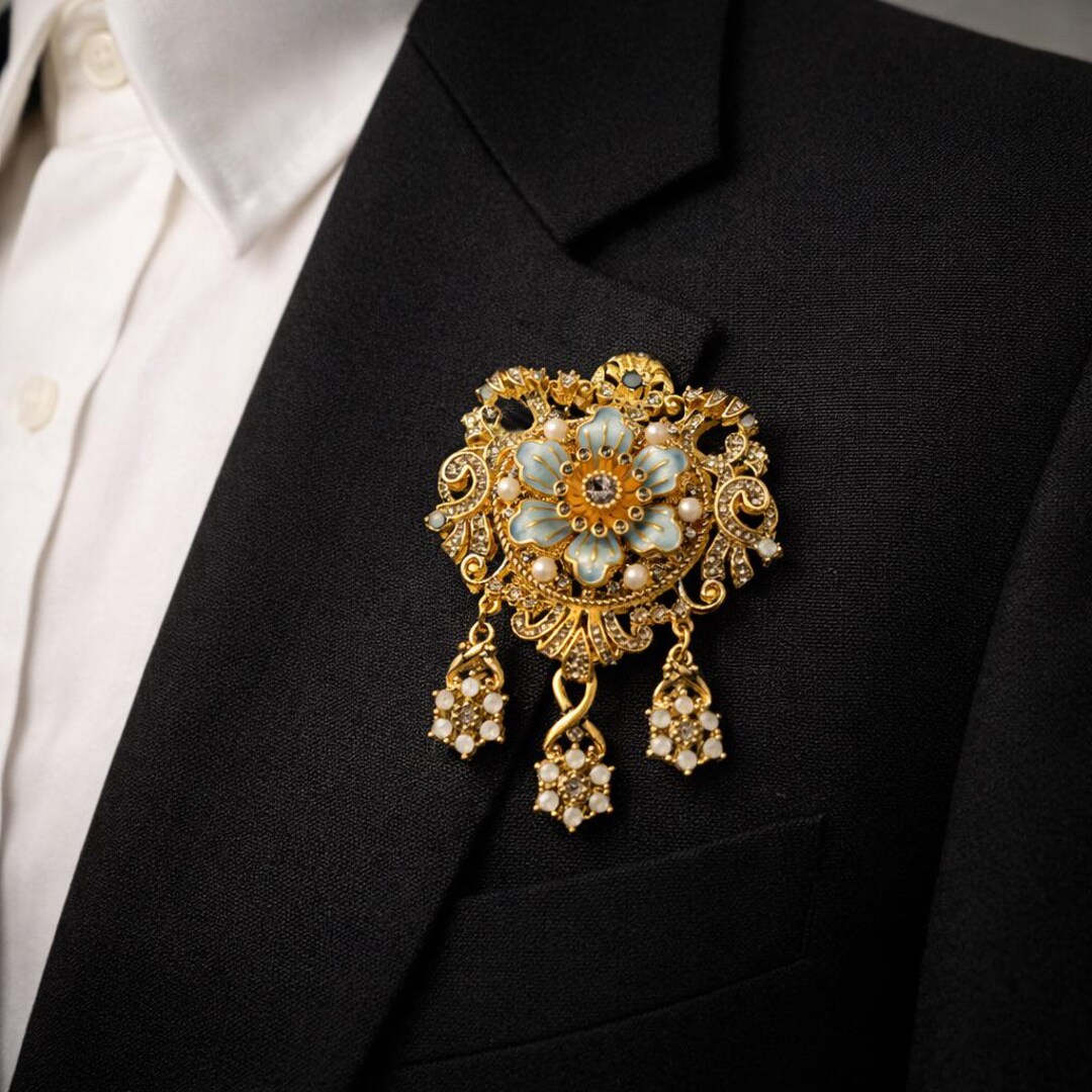 Antique Floral Pearl Brooch Pin, Vintage Enamel Rhinestone Statement ...