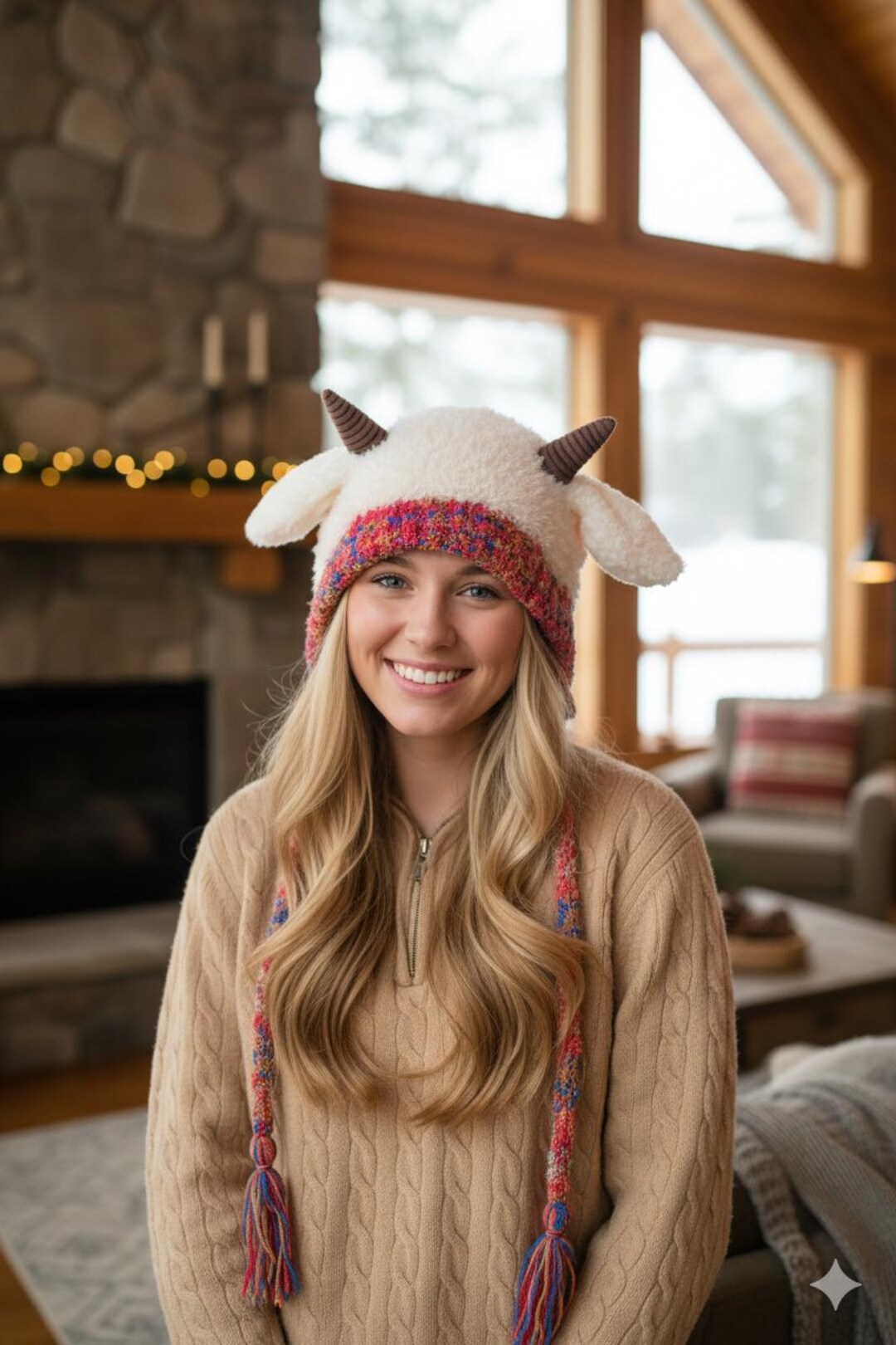 Handmade Goat Hat With Horns, Colorful Tassels, Fluffy Winter Hat for ...