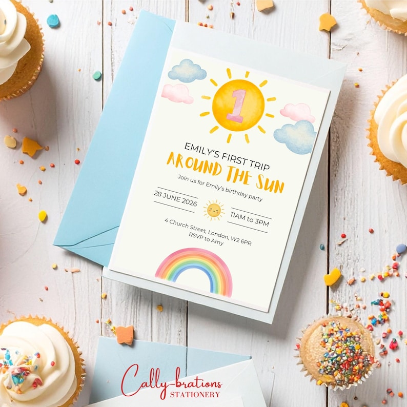 First Trip Around the Sun Invitation | Watercolor Rainbow, Clouds ...