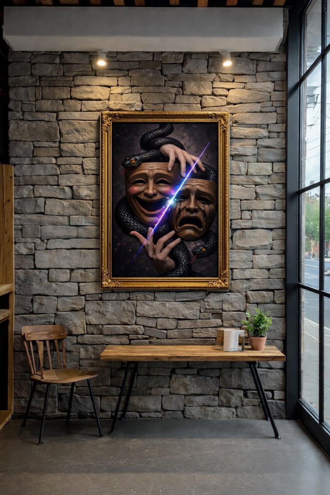 Duality of the Masked Soul – Surreal Mask & Snake Wall Art - Etsy