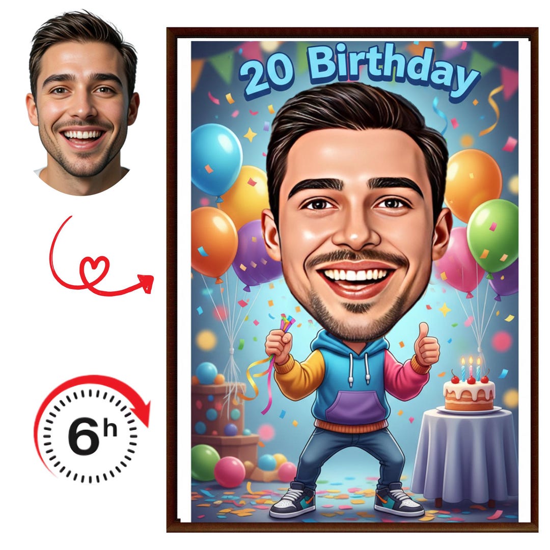 Custom 20th Birthday Caricature, Personalized Cartoon Portrait, Digital ...