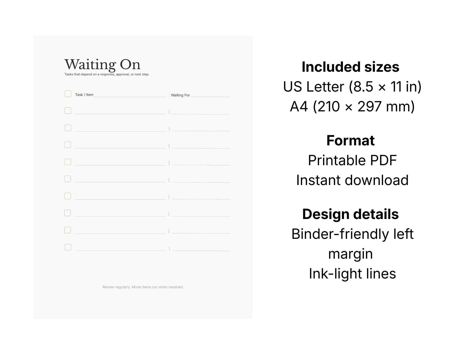 Waiting on Printable | Follow-up Task List PDF | Pending Tasks Tracker ...