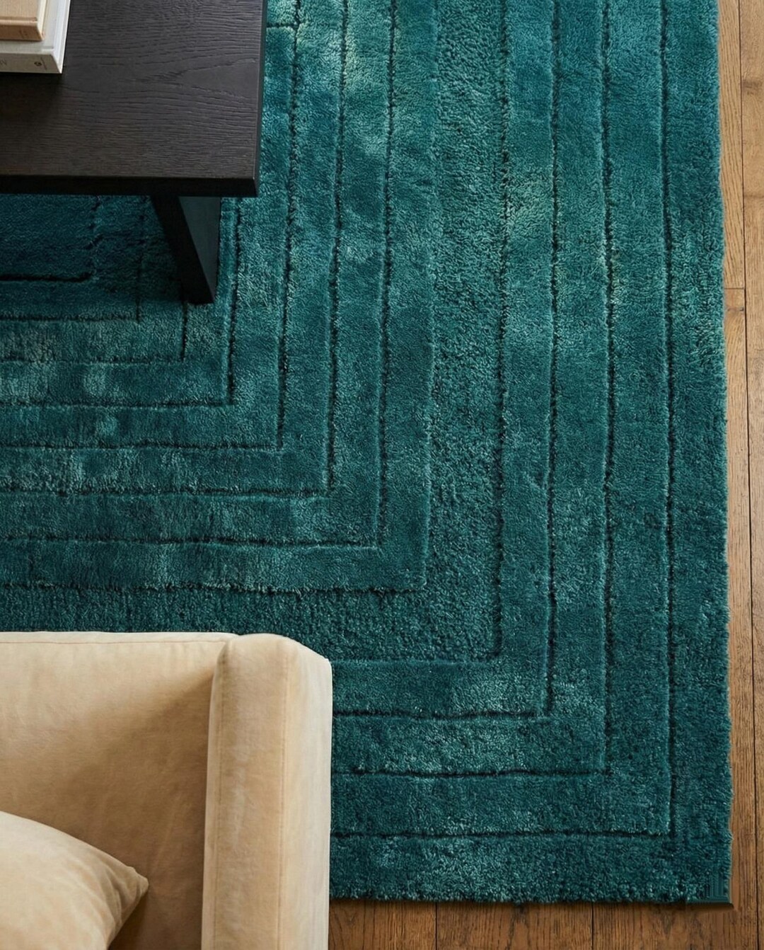 Dark Teal Hand Tufted Rug,bordered Pattern,handmade Wool Rug ...
