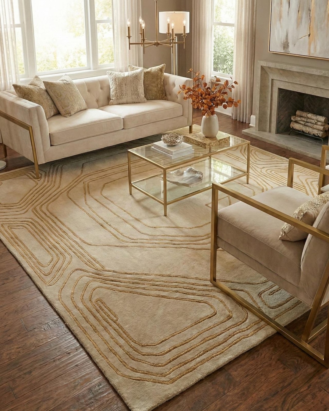 Modern Beige Gold Rug, Modern Hand Tufted Rug, Lined Pattern Carpet ...