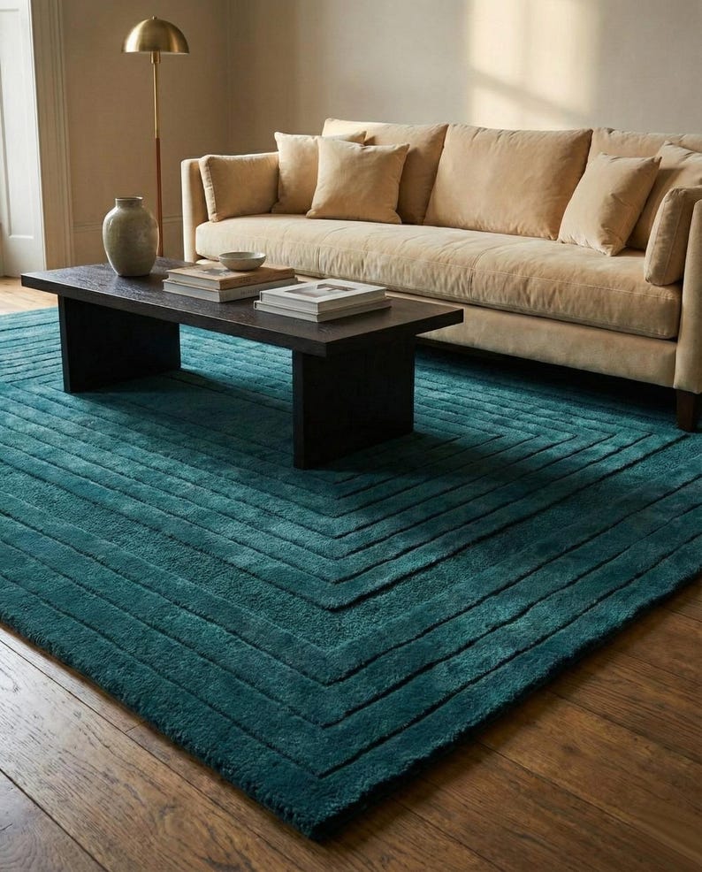 Dark Teal Hand Tufted Rug,bordered Pattern,handmade Wool Rug ...