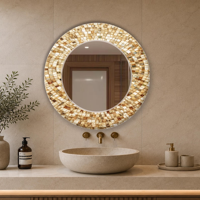 Mosaic Glass Style Wall Mirror: Tempered Glass Print, Stone Boho Decor ...