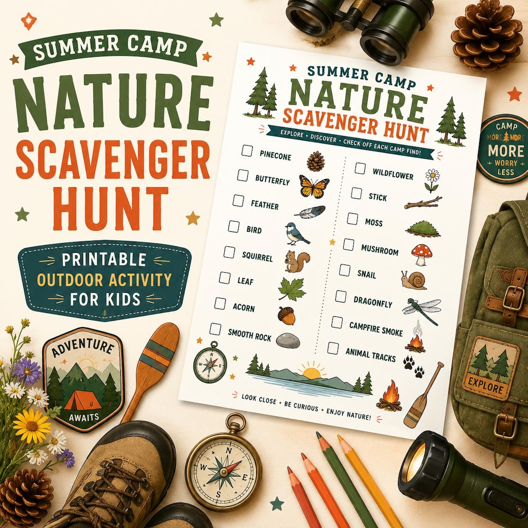 Summer Camp Nature Scavenger Hunt Printable for Kids, Outdoor Activity ...