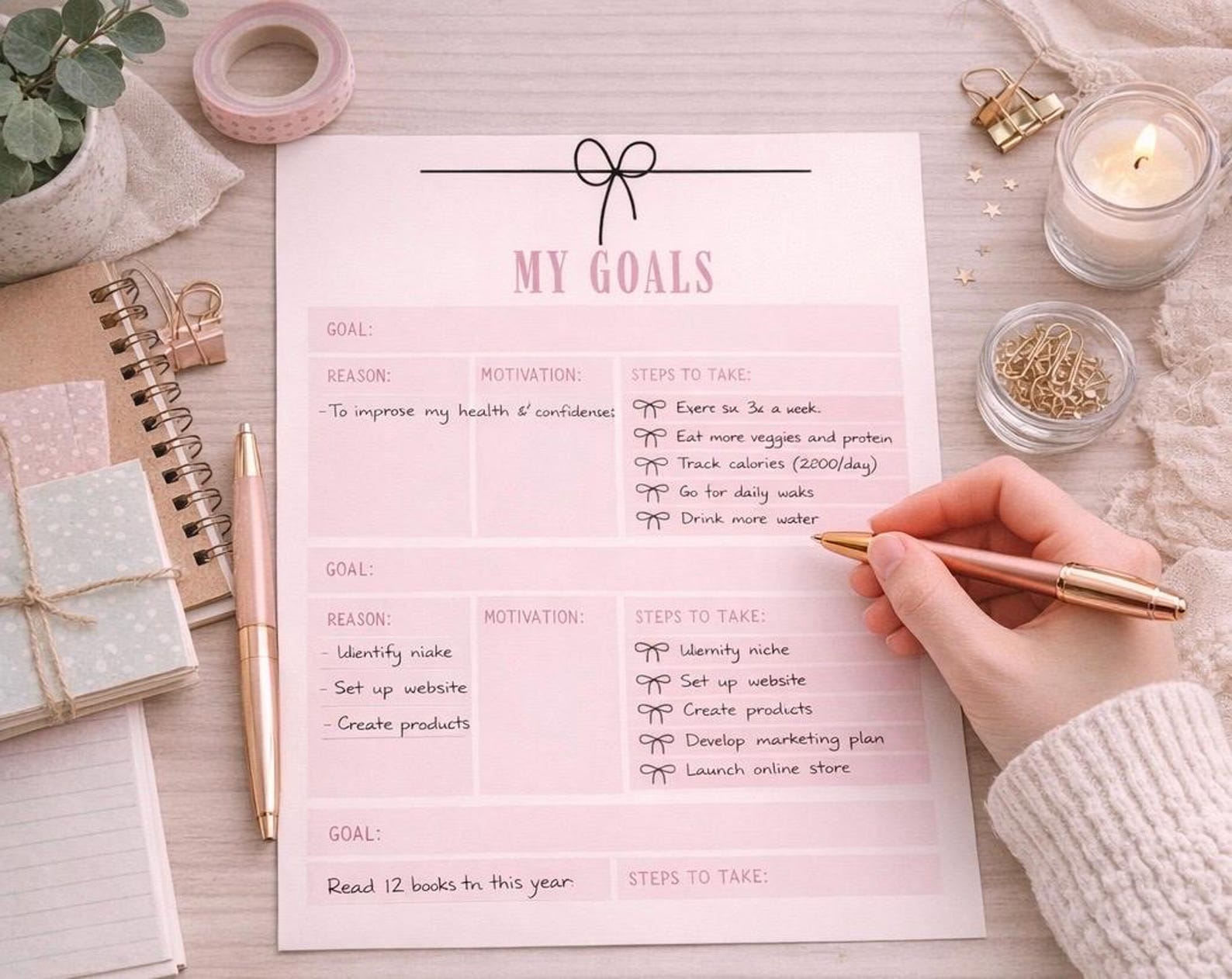 Pink Bow Goals Planner | Minimalist Digital Goals Planner | Cute ...