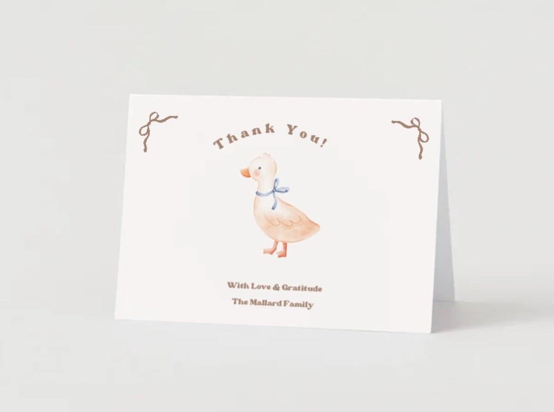 Editable Duck Thank You Card Folded 7x10 | Printable Gratitude Note ...