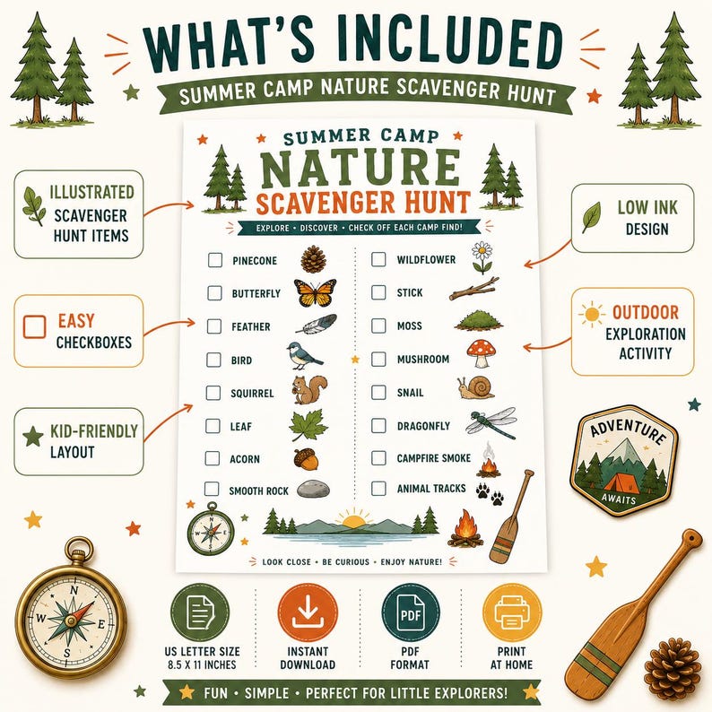 Summer Camp Nature Scavenger Hunt Printable for Kids, Outdoor Activity ...