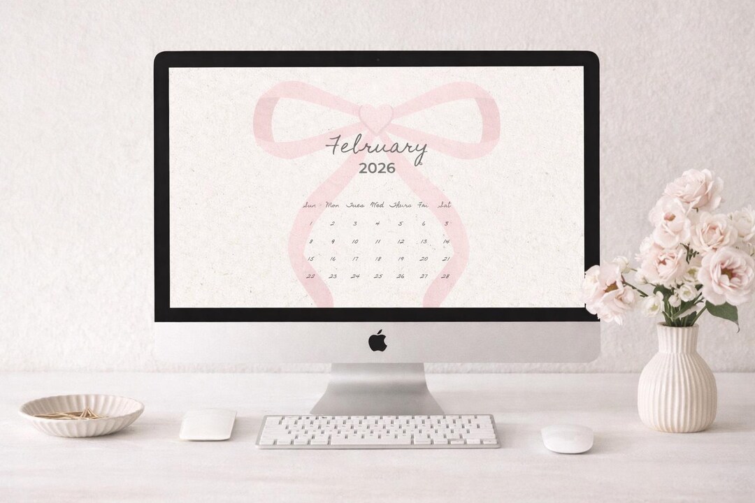 February 2026 Calendar Wallpaper – Pink Bow Coquette Desktop (digital ...