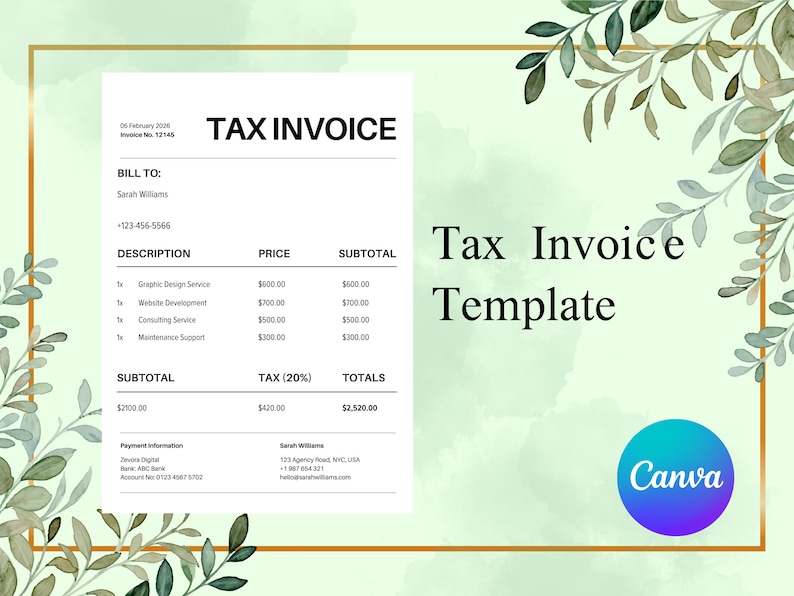 Tax Invoice Template | Minimalist Invoice, Editable Canva Template for ...