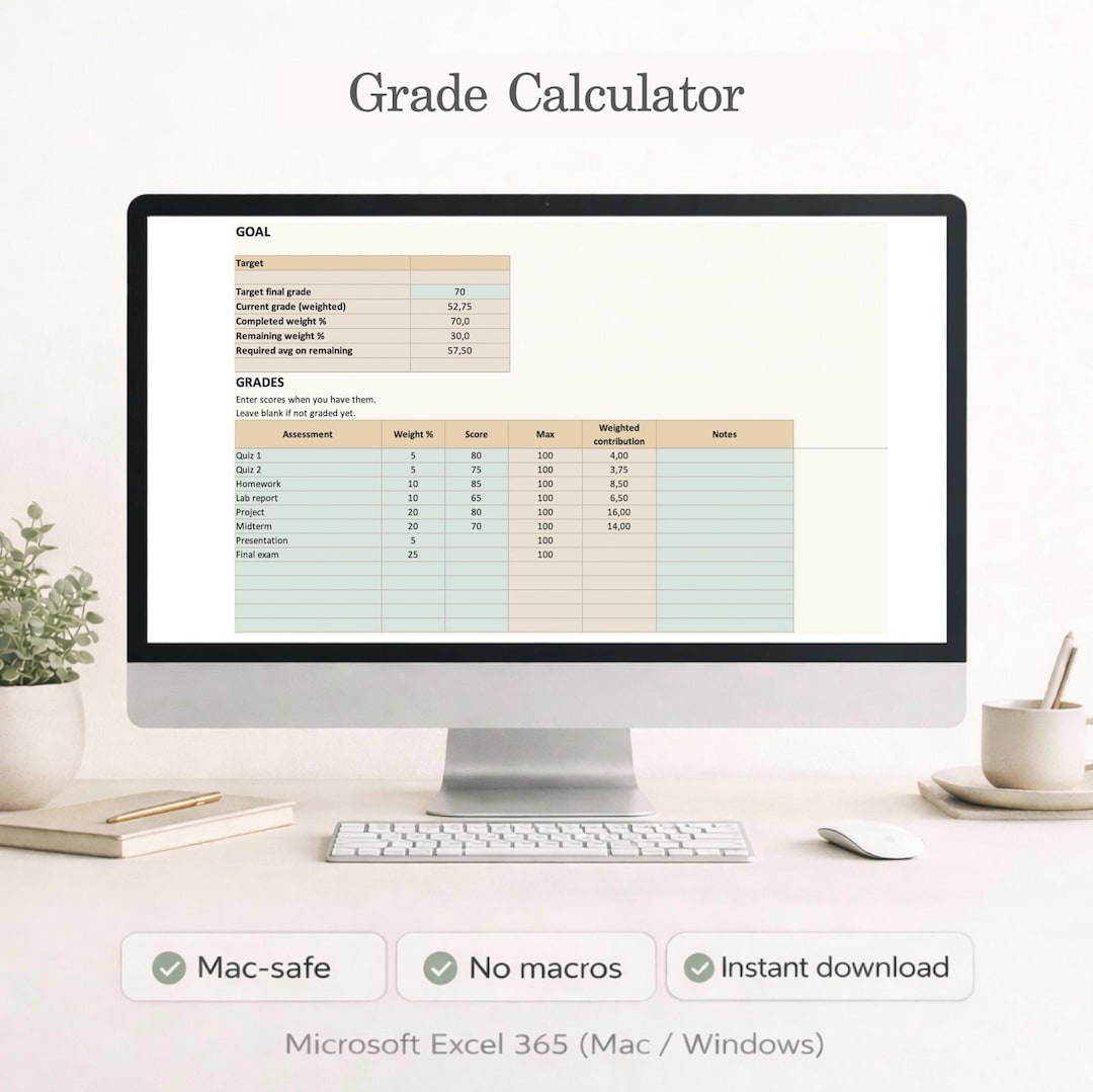 Grade Calculator (excel) – Weighted Average + Required Grade (any Max ...