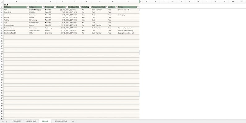 Bills and Subscriptions Tracker; Excel Monthly Bill Planner ...