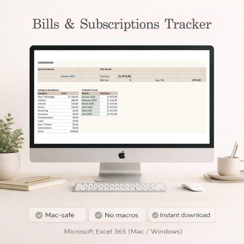 Bills and Subscriptions Tracker; Excel Monthly Bill Planner ...