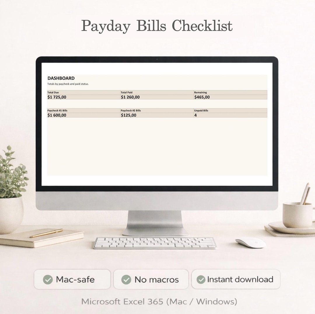 Payday Bills Checklist (excel) – Paycheck 1 & 2, Paid Checklist ...