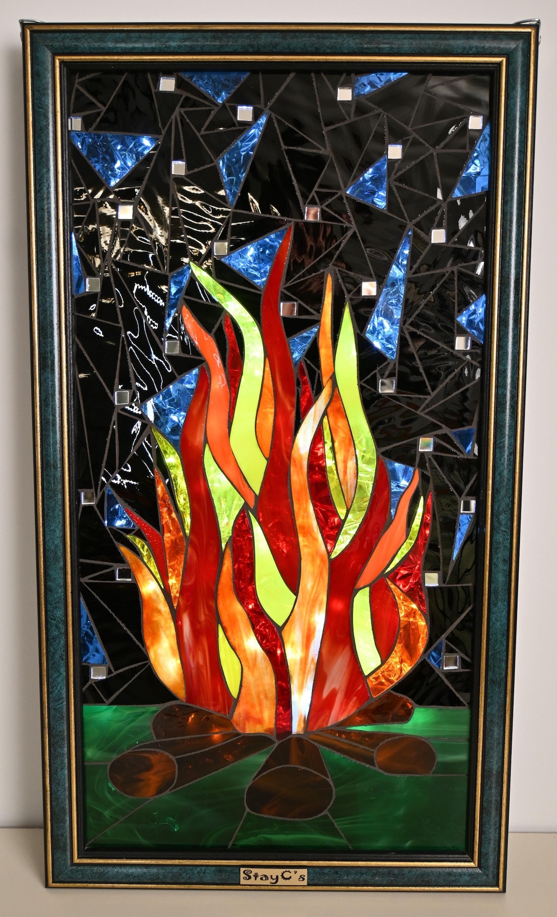 Campfire Stained Glass Mosaic Flames Red Orange Yellow Black Background ...