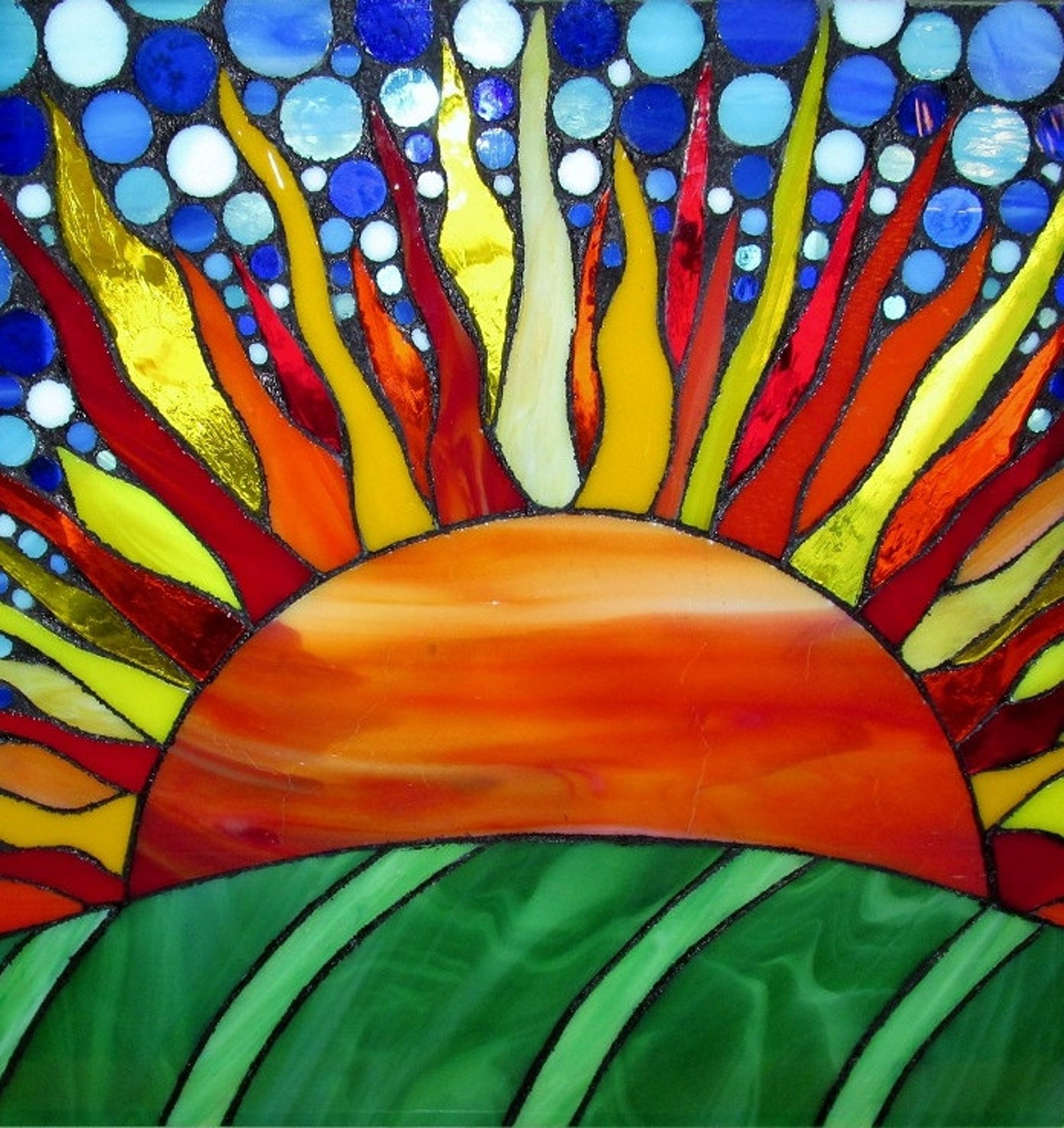 Sunrise Over Farmland Mosaic Stained Glass With Circle Sky - Etsy