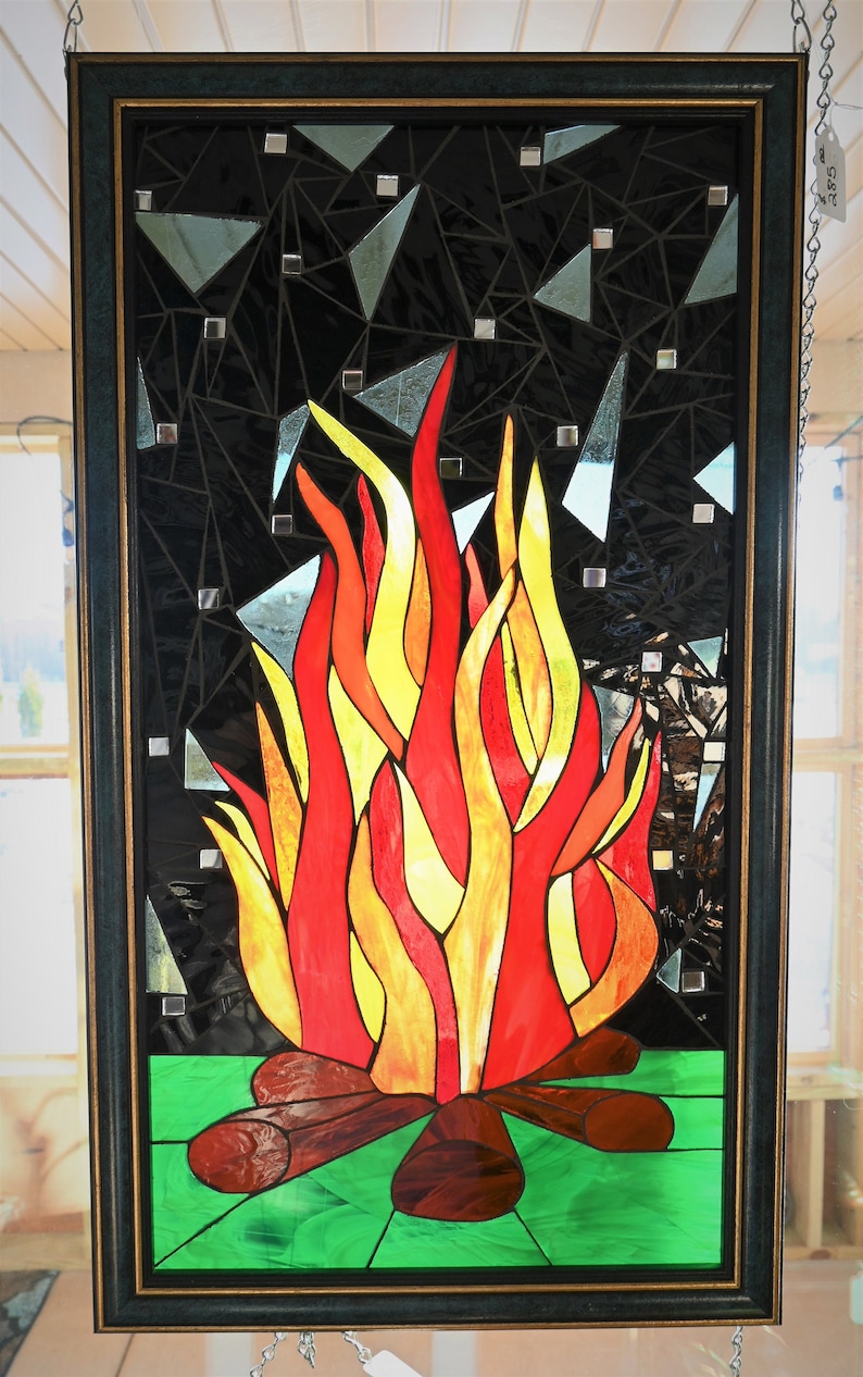 Campfire Stained Glass Mosaic Flames Red Orange Yellow Black Background