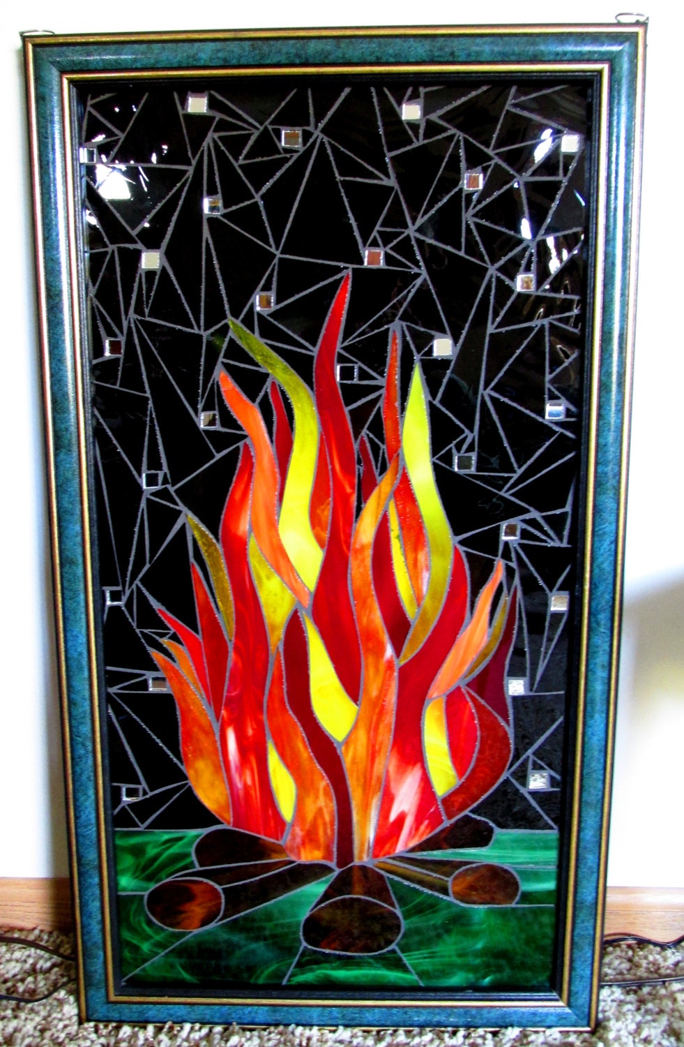 Campfire Stained Glass Mosaic Flames Red Orange Yellow Black Background ...