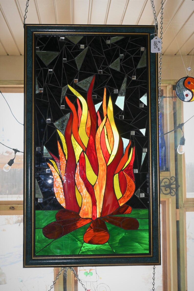 Campfire Stained Glass Mosaic Flames Red Orange Yellow Black Background ...
